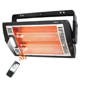 shinic electric garage heaters with remote control, 1500w/750w ceiling mounted radiant quartz heater with work light, 90° rotation, 5 mode settings, electric heater for garage, shop, patio large room