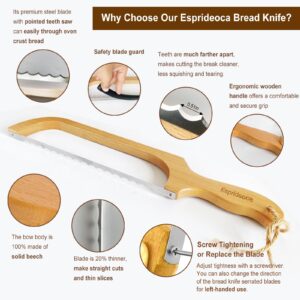 Esprideoca Bread Knife, Bread Slicer for Homemade Bread, 16" Wooden Serrated Bread Bow Knife, Sourdough Bread Cutter, Bread Knife For Homemade Bread Bagels, Baguettes, Premium Stainless Steel