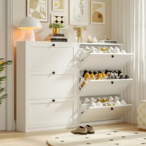 VOWNER Shoe Cabinet with 3 Flip Drawers, Freestanding Shoe Storage Cabinet with Adjustable Shelf & Anti-Tipping Device, Shoe Rack for Entryway, Hallway, Living Room (White)