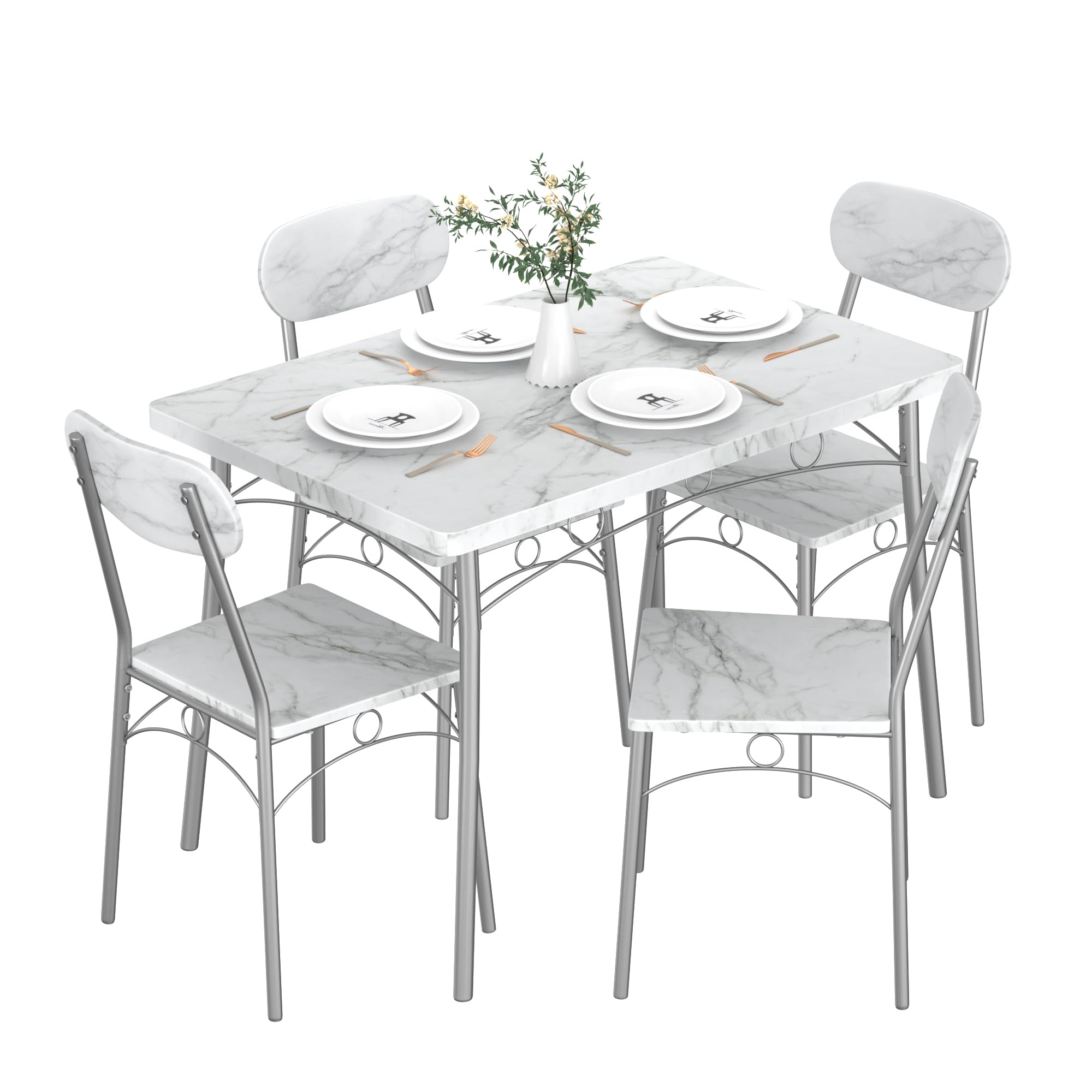 VECELO 5-Piece Dining Room Table Set, Rectangular Dinette with 4 Chairs for Kitchen, Breakfast Nook, Small Space, Marble White