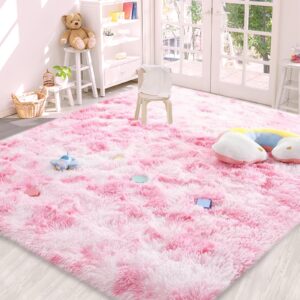 aimeco area rugs for bedroom, 4x6 ft fluffy rug carpet shag rug for living room bedside nursery girls bedroom, tie-dyed pink