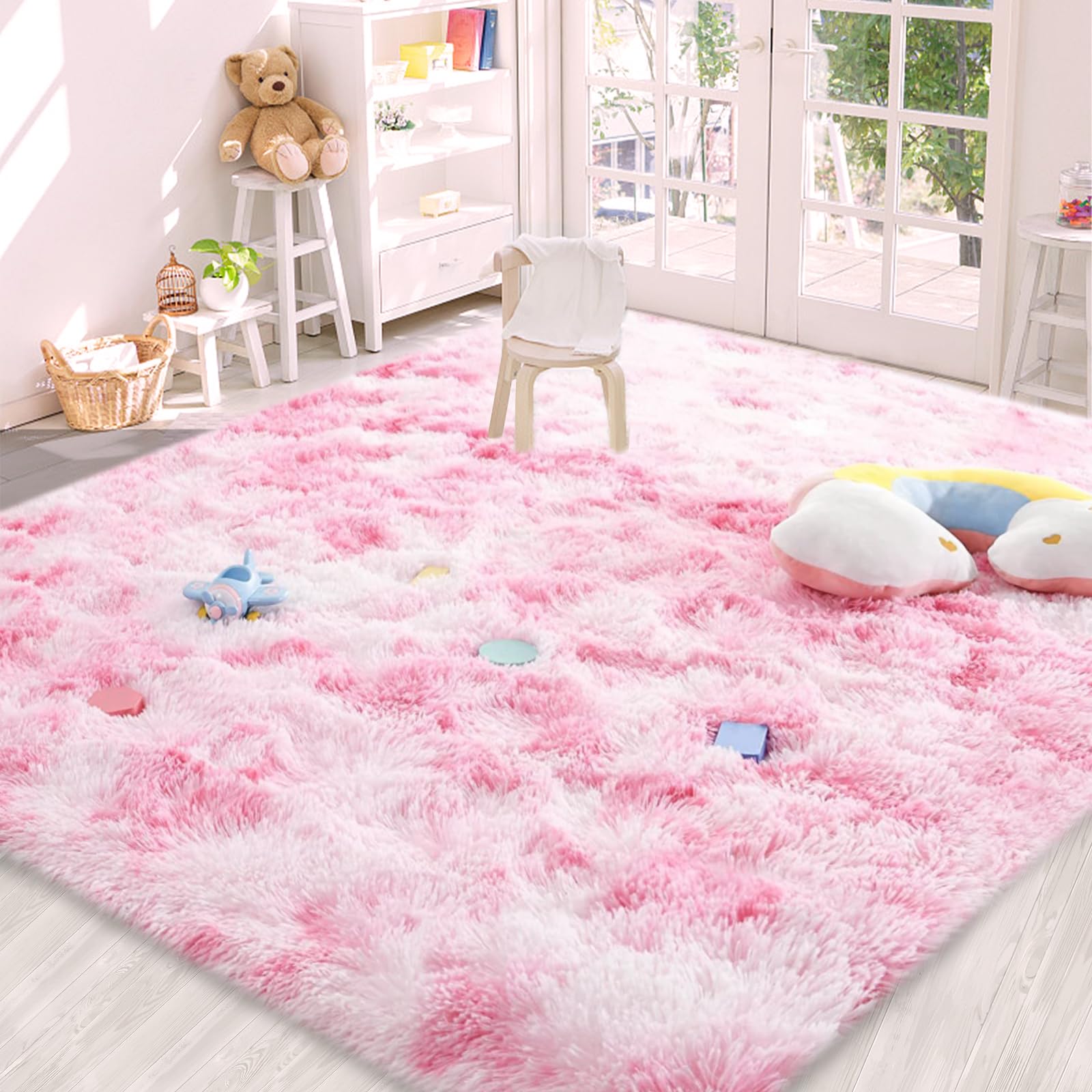 AIMECO Area Rugs for Bedroom, 4X6 Ft Fluffy Rug Carpet Shag Rug for Living Room Bedside Nursery Girls Bedroom, Tie-Dyed Pink