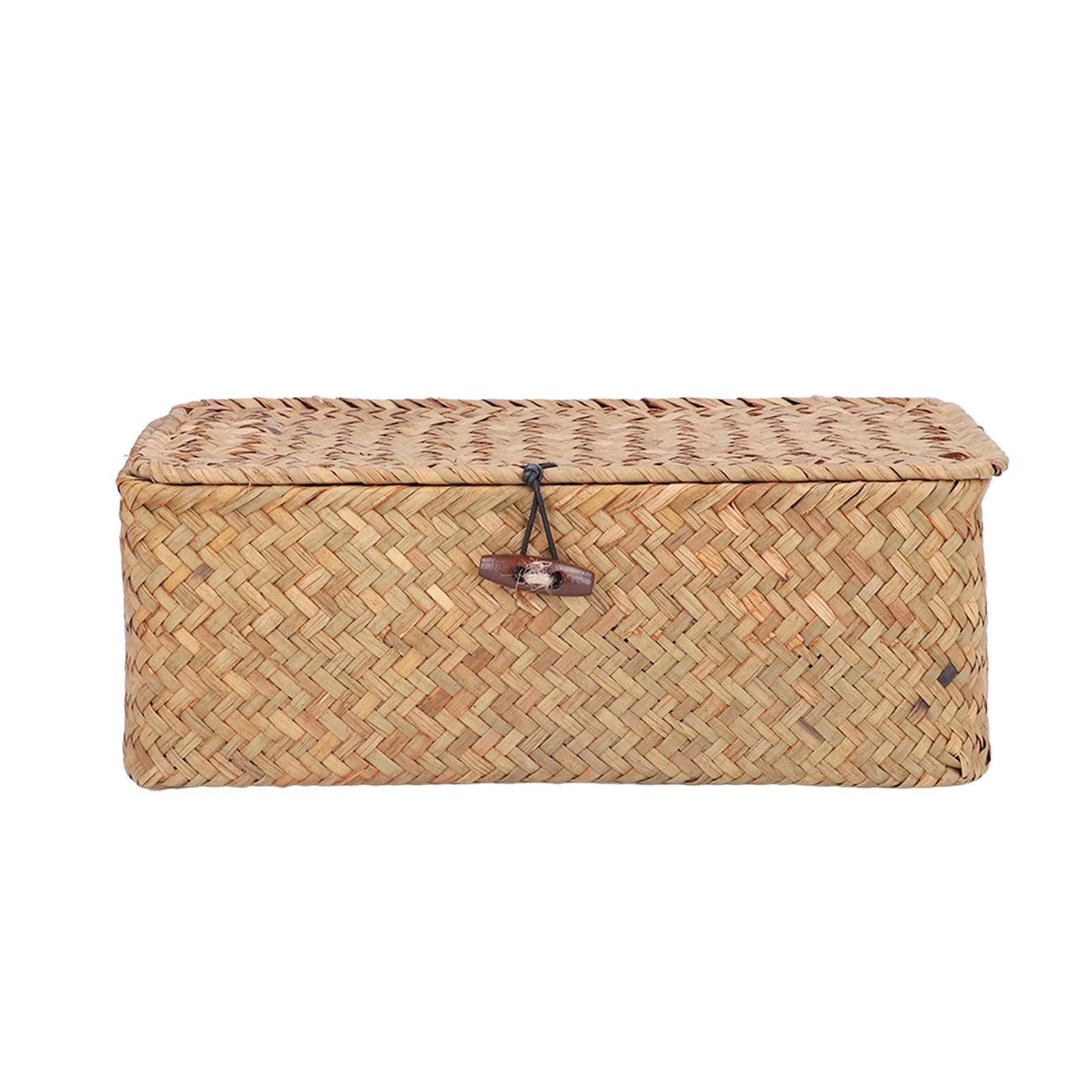 Rectangular Seagrass Basket, Storage Woven Box Wicker Bins with Lid Baskets for Organizing Desktop Hand Shelf Lids Organizers Handwoven Household Basket Boxes Home Organize (L)