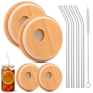 4 pack bamboo lids for glass cups,cymuber reusable wooden lids for glass cups,fit for 2.36 inch/60mm internal diameter airtight regular mouth with canning lids for drinking jars, beer glasses,soda can