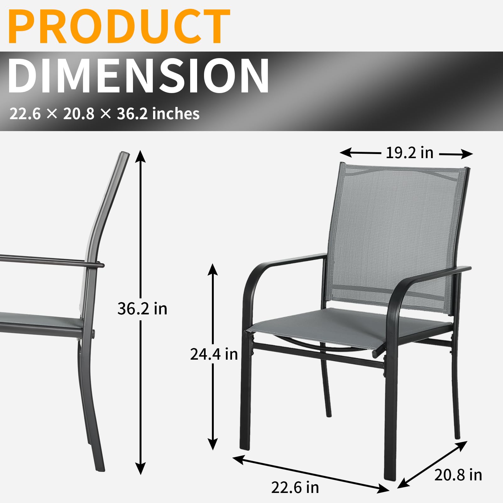 Betterland 4 Piece Patio Textilene Dining Chairs, Outdoor Metal Dining Chair Set of 4, Chair for Indoor & Outdoor Dining Table Garden Backyard Bistro Furniture, Grey