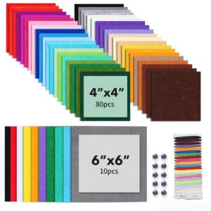 loyisal 90pcs felt fabric sheets craft kit - 4"x 4" + 6"x 6" assorted colors - 1mm thick square nonwoven felt fabric for crafts diy