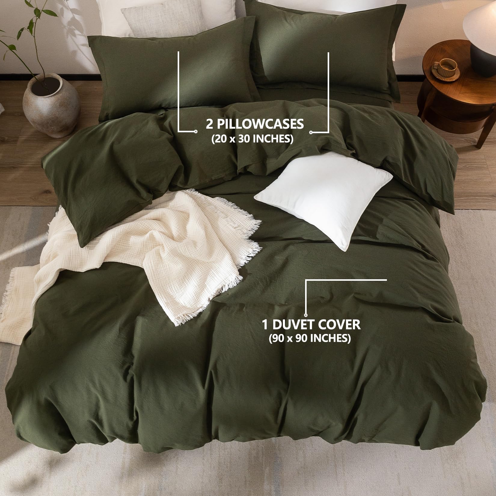 Warm Moment Olive Green Duvet Cover Queen Size, 100% Washed Cotton Bedding Set Cover 1 Duvet Cover 90inch x 90inch with Zipper Closure and 2 Pillowcases, Olive Green