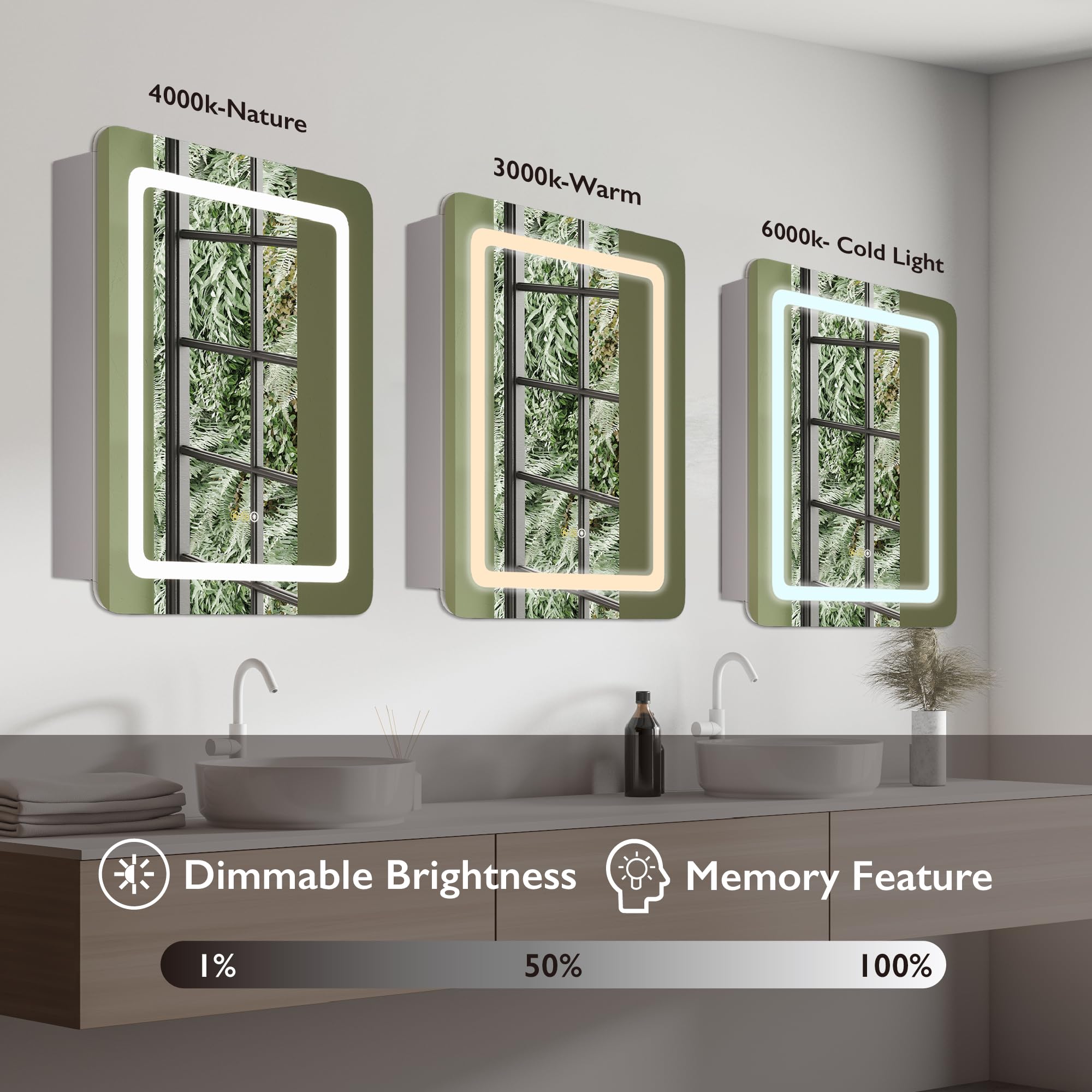 imgflx 24‘’x32‘’ Medicine Cabinet w/LED Mirror, Bathroom Lights Mirror, Recessed or Surface Mounted, Alumimum Alloy Frame, w/Cold&Warm Light, Defogger, Stepless Dimmer, Outlets&USB (24X32 in|1 Door)