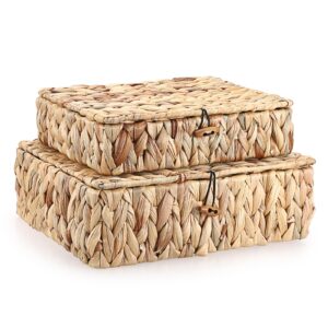 hipiwe wicker storage basket bins with lid natural water hyacinth basket bin boxes rectangular decorative shelf baskets box stackable flat woven storage box for home organizing, 2-packs