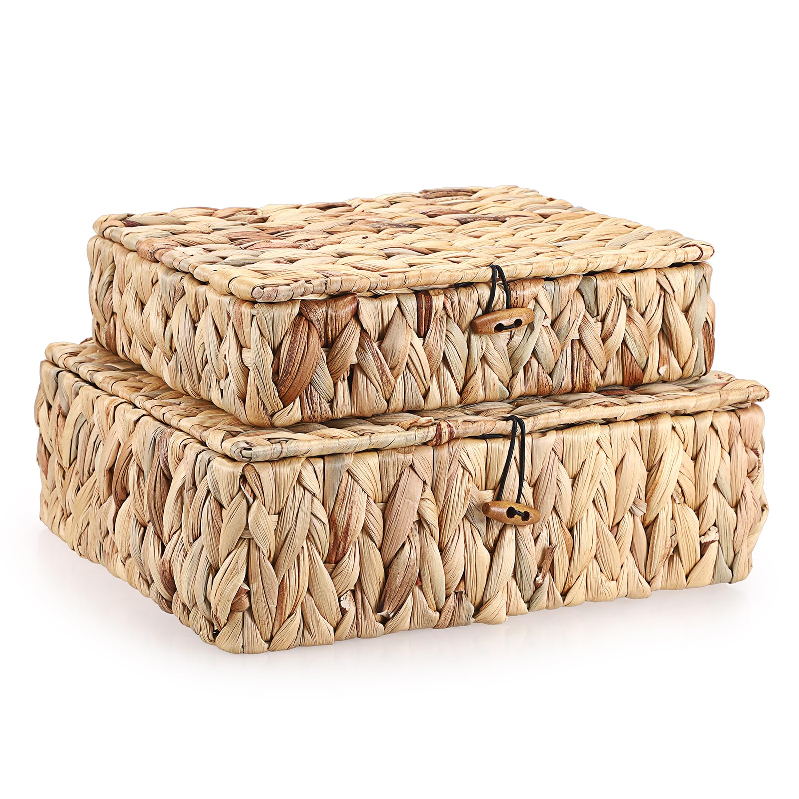 Hipiwe Wicker Storage Basket Bins with Lid Natural Water Hyacinth Basket Bin Boxes Rectangular Decorative Shelf Baskets Box Stackable Flat Woven Storage Box for Home Organizing, 2-Packs