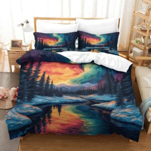 ergtt winter snow scene quilt cover 3d print aurora for teens and adults duvet cover comforter covers soft microfiber bedding set with zipper closure with pillow cases 3 pieces twin（173x218cm）