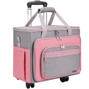 finesun rolling craft bag - rolling bag with wheels - rolling tote bag- rolling teacher bag - wheeled scrapbook tote for scrapbooking and art - travel organizer storage bin for paper,glue,tape pink