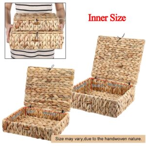 Hipiwe Wicker Storage Basket Bins with Lid Natural Water Hyacinth Basket Bin Boxes Rectangular Decorative Shelf Baskets Box Stackable Flat Woven Storage Box for Home Organizing, 2-Packs