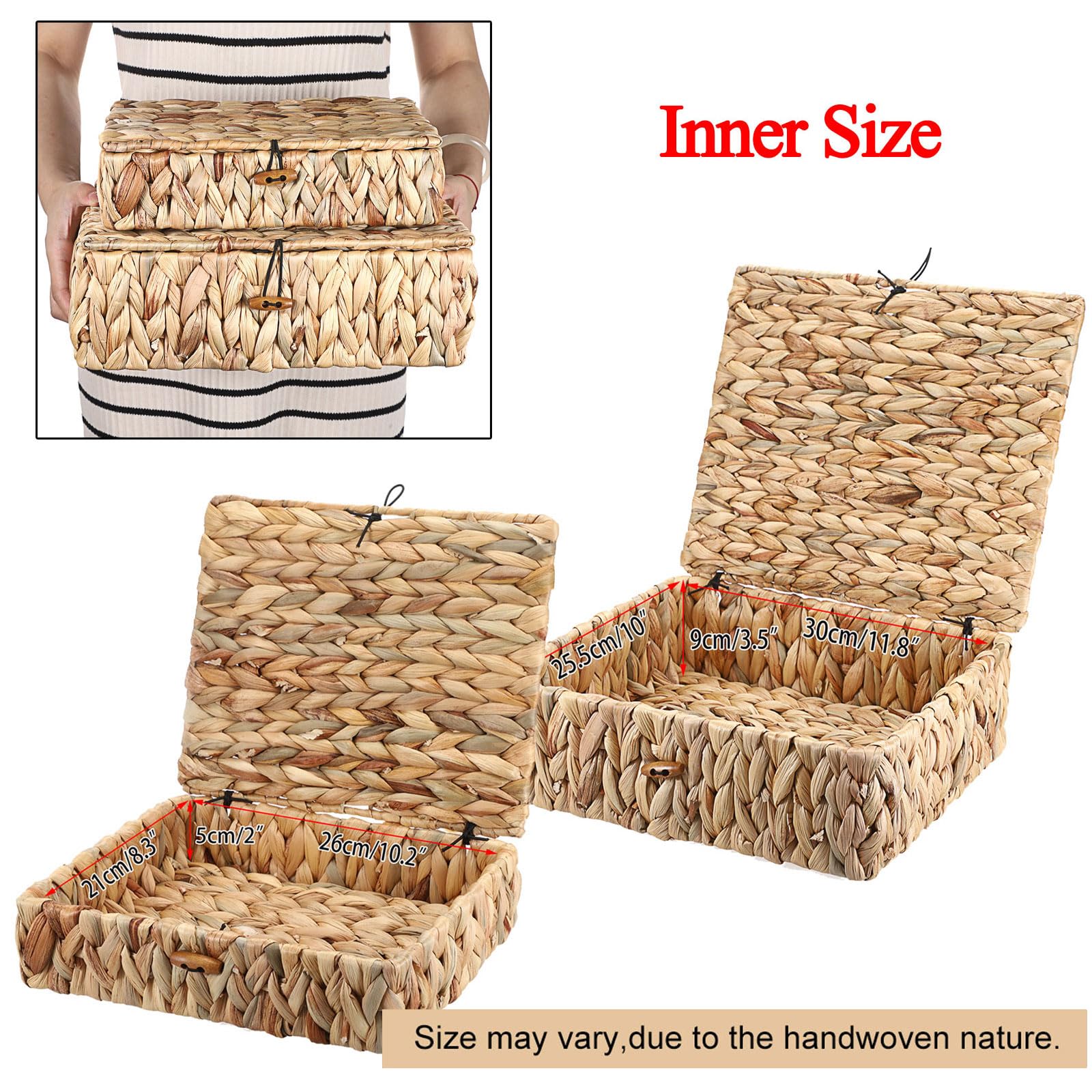 Hipiwe Wicker Storage Basket Bins with Lid Natural Water Hyacinth Basket Bin Boxes Rectangular Decorative Shelf Baskets Box Stackable Flat Woven Storage Box for Home Organizing, 2-Packs