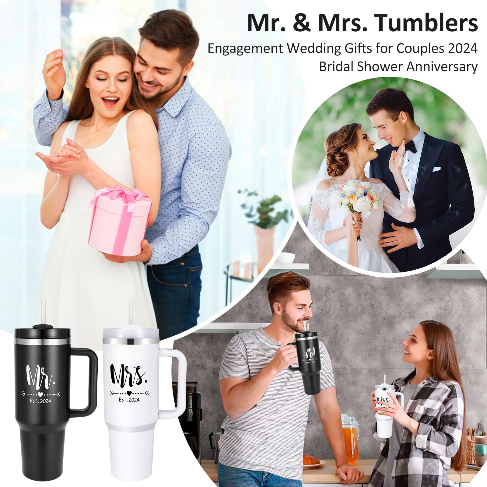 Mr & Mrs Tumblers, Mr and Mrs EST 2024 Stainless Steel Insulated Tumbler Set with Straw & Handle, 30 oz Travel Mug Tumbler for Couples Engagement Wedding Gifts, Cups for Bridal Shower Anniversary