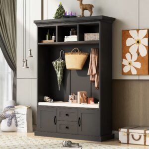 favfurish hall tree with 3 hooks & cushioned bench,3-in-1 design coat hanger w/storage cabinet and 2 large drawers,space saving,for mudroom entryway hallway,black,47.2"