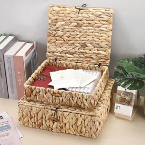 Hipiwe Wicker Storage Basket Bins with Lid Natural Water Hyacinth Basket Bin Boxes Rectangular Decorative Shelf Baskets Box Stackable Flat Woven Storage Box for Home Organizing, 2-Packs