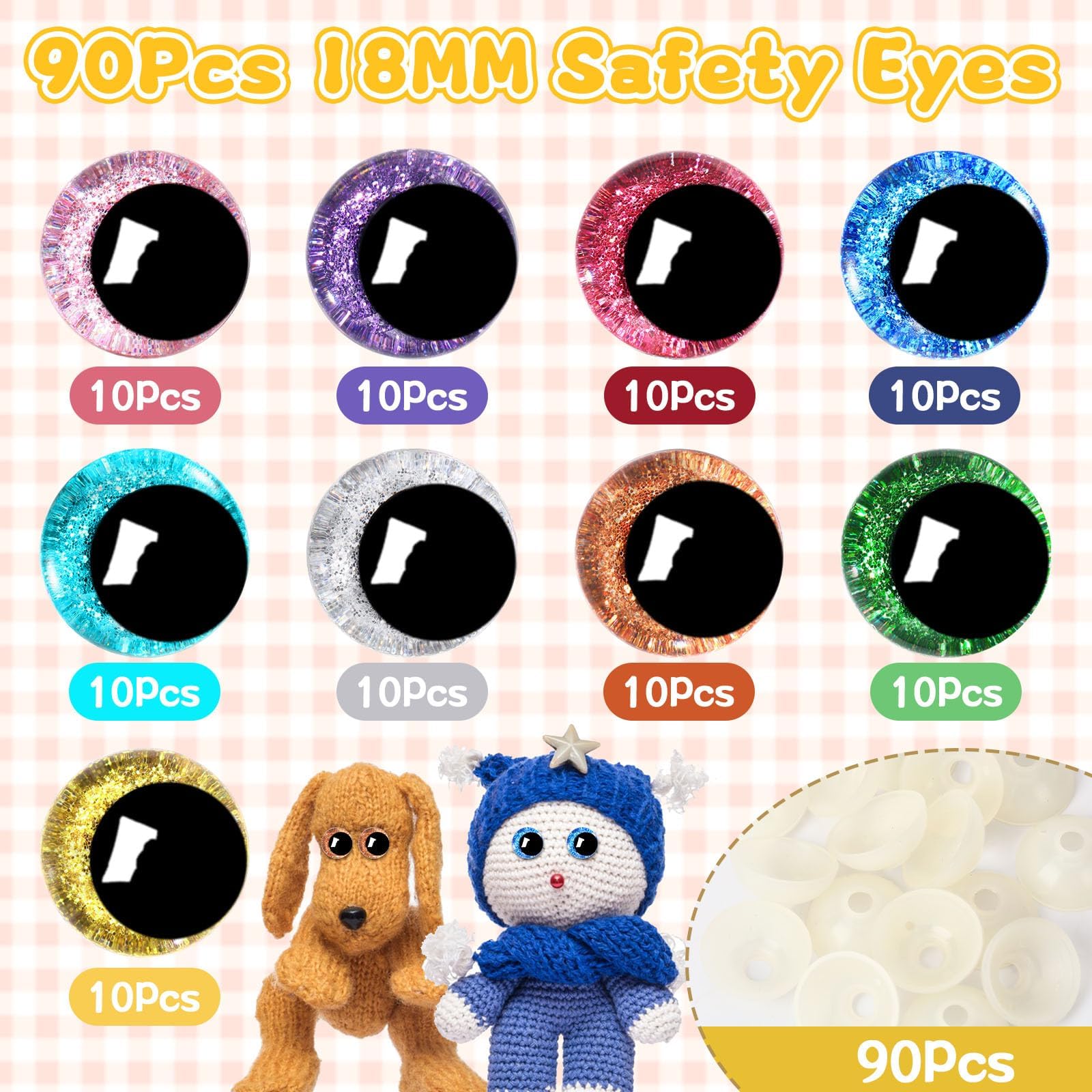 UPINS 180Pieces 18 mm 3D Glitter Plastic Safety Eyes with Washers for Amigurumi Animal Moon Eyes Plastic Craft Doll Crochet Eyes for DIY of Puppet Bear Making Supplies (9 Colors)