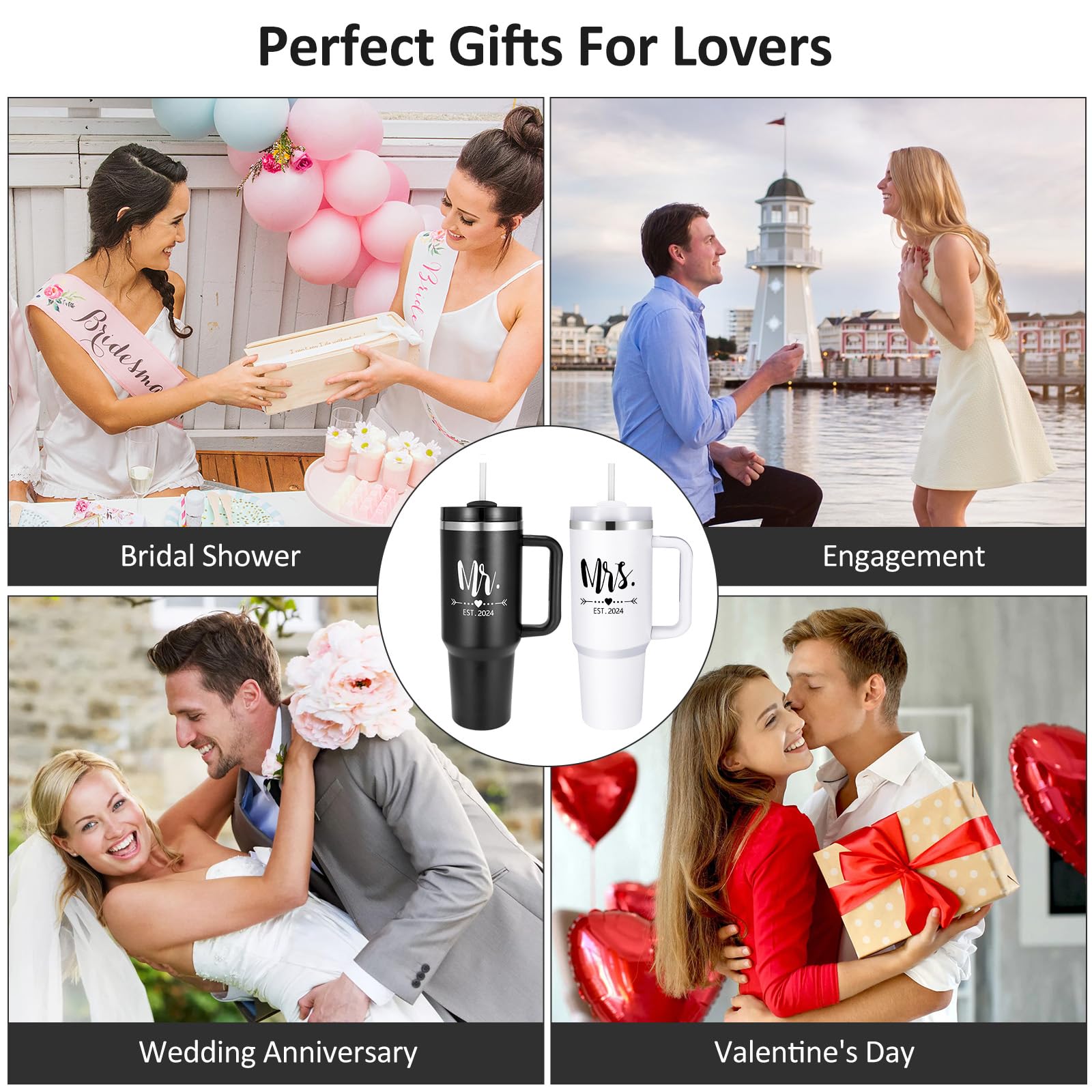 Mr & Mrs Tumblers, Mr and Mrs EST 2024 Stainless Steel Insulated Tumbler Set with Straw & Handle, 30 oz Travel Mug Tumbler for Couples Engagement Wedding Gifts, Cups for Bridal Shower Anniversary