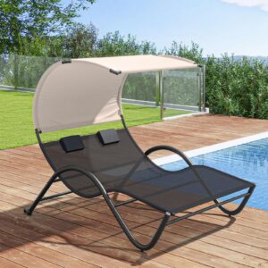 Tangkula 2 Person Lounge Chair with Canopy, Outdoor Chaise Lounge with 2 Detachable Pillows, UPF50+ Extra Large Double Patio Hammock Sunbed Chair with 2 Wheels for Backyard, Poolside