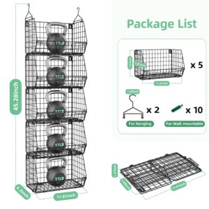 Aquzee Hanging Baskets for Organizing, 5 Tier Wall Basket Storage for Kitchen, Wire Closet Organizer Shelves for Small Space, Multifunctional Wall Mounted Baskets for Laundry Room, Pantry, Fruit