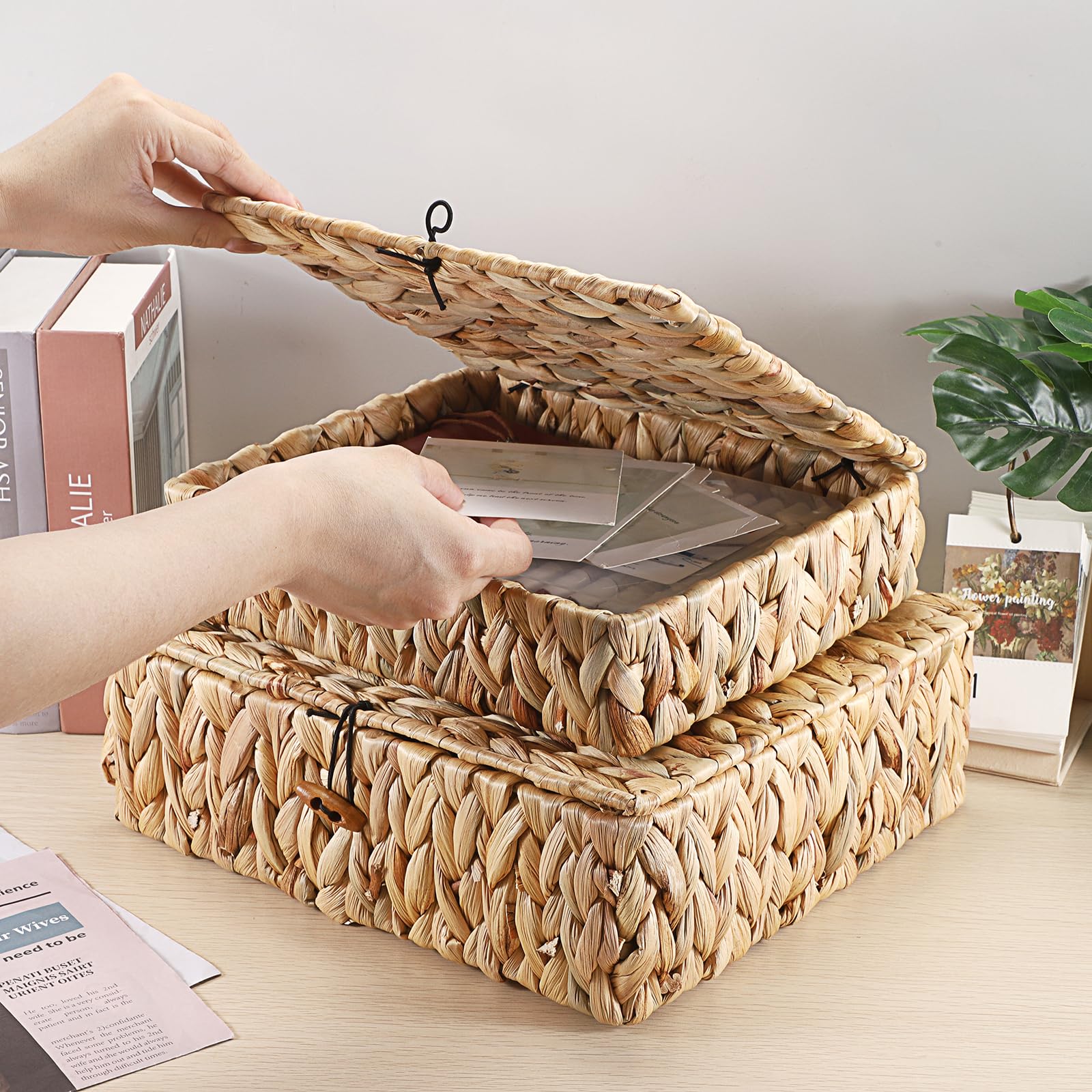 Hipiwe Wicker Storage Basket Bins with Lid Natural Water Hyacinth Basket Bin Boxes Rectangular Decorative Shelf Baskets Box Stackable Flat Woven Storage Box for Home Organizing, 2-Packs