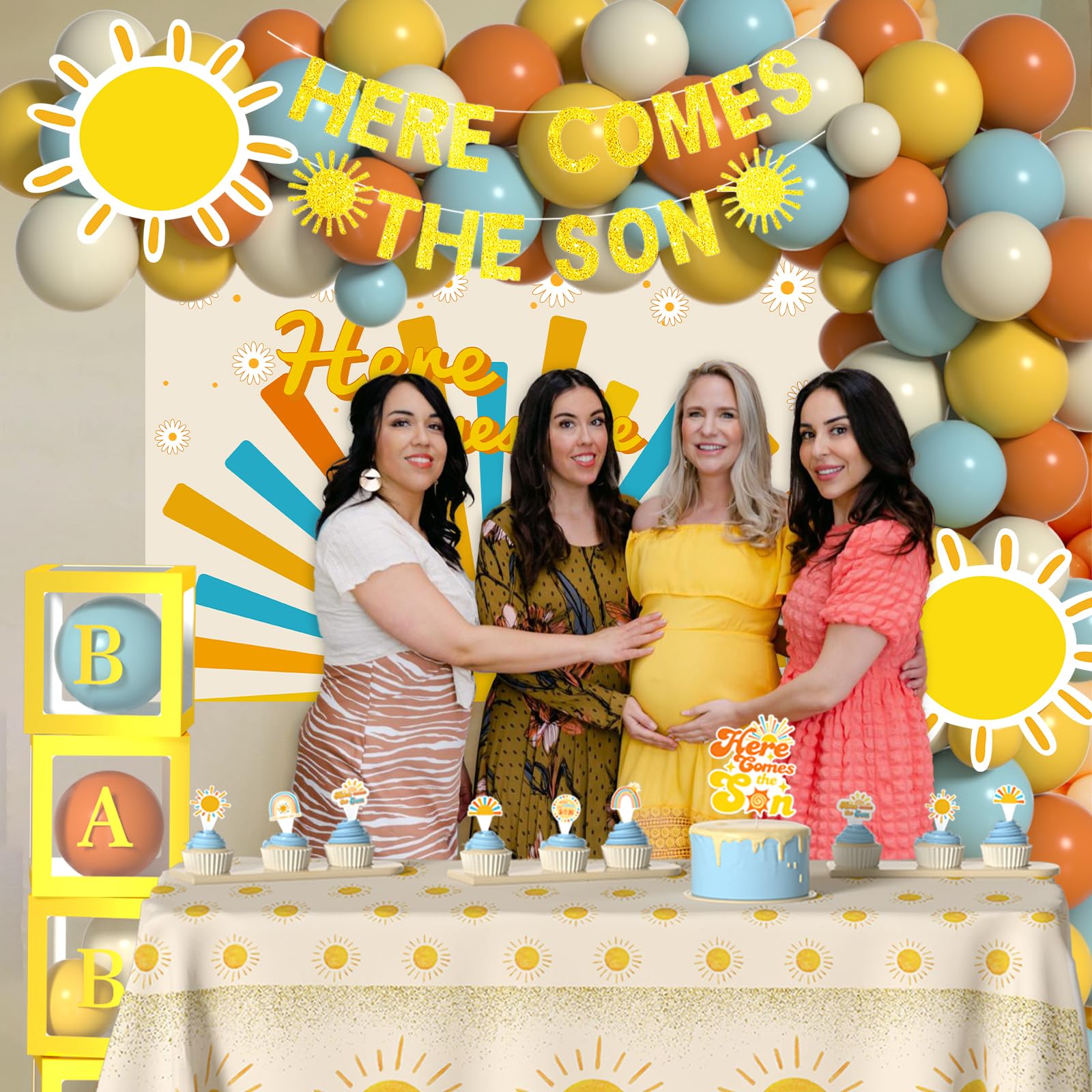 Here Comes the Son Baby Shower Decorations for Boy 1st Birthday Party Supplies Boho Retro Sunshine Balloon Garland Arch Kit Party Table Decor Photograph Backdrop Glitter Banner Cupcake Toppers