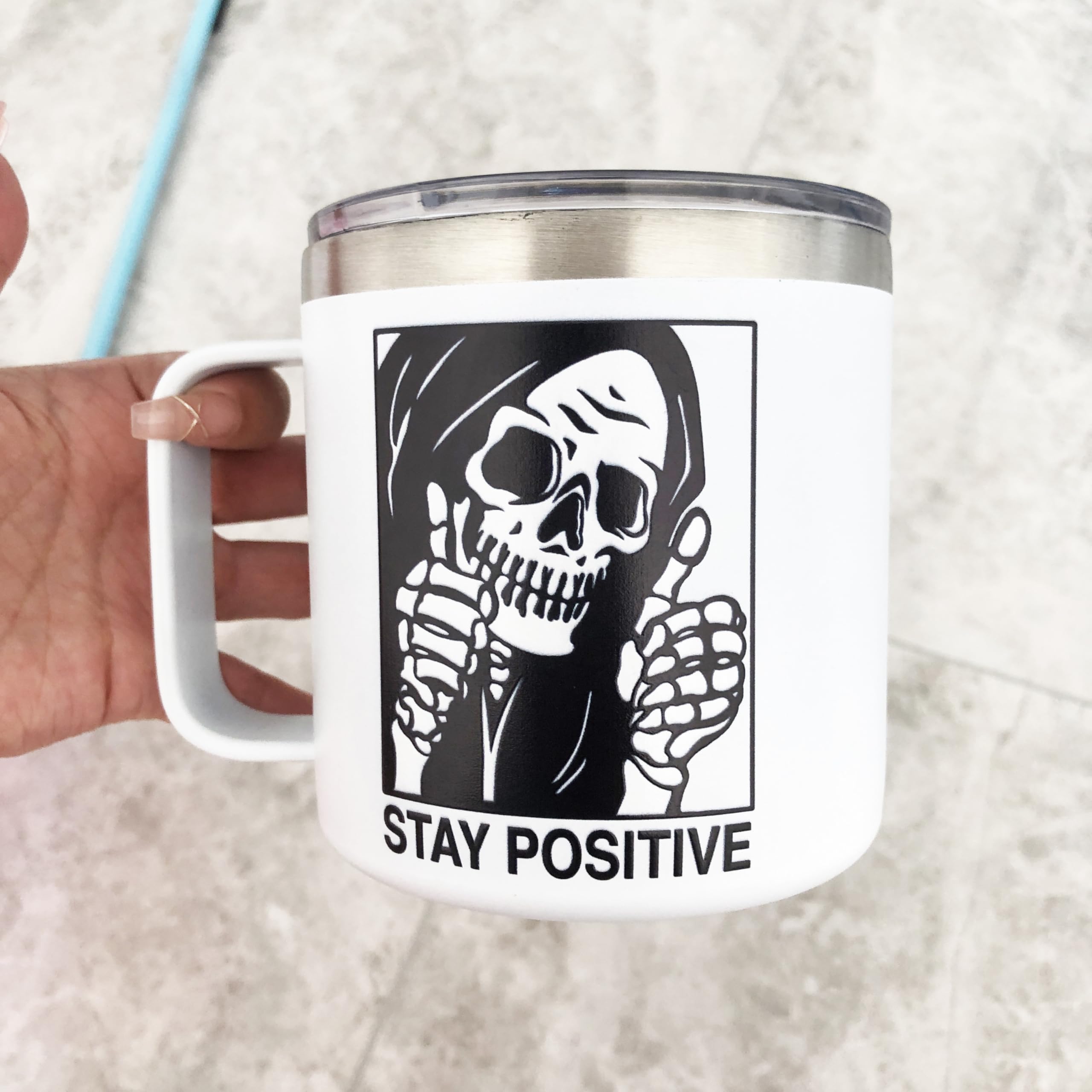 EXIGENT Funny Stay Positive Skull Coffee Tea Cup Mug Collectible 14Oz Ounces Birthday Gifts Decorations (SKULL)