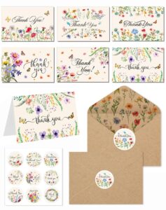 anvin thank you cards 24 pcs with kraft envelopes and stickers wildflower design blank note cards for wedding, business, baby shower, funeral, graduation, bridal shower (4x6 inch)