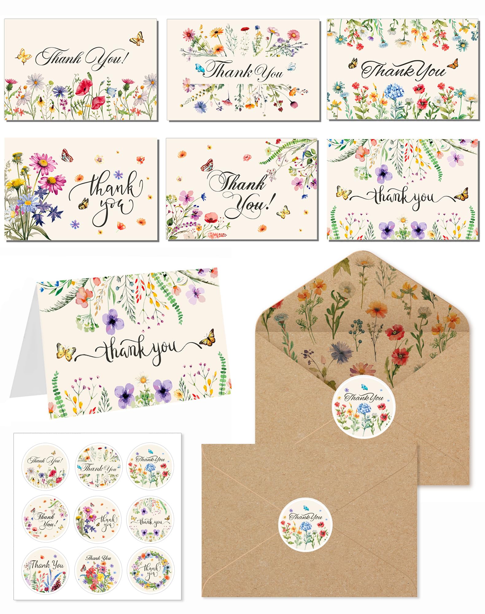 Anvin Thank You Cards 24 Pcs with Kraft Envelopes and Stickers Wildflower Design Blank Note Cards for Wedding, Business, Baby Shower, Funeral, Graduation, Bridal Shower (4x6 Inch)