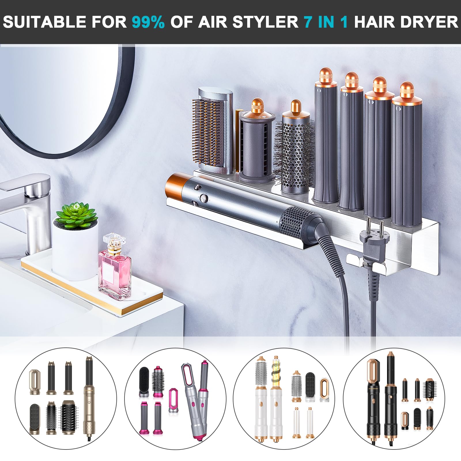 YAYINLI Hair Dryer Holder, Wall Mounted Blow Dryer Holder, Blow Dryer and Curling Iron Holder for 7 in 1 Styler Attachments, Adhesive Straightener Holder, Hair Tools Organizer Storage for Bathroom