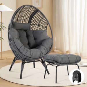 fincati delicated outdoor indoor wicker egg chair with footrest, oversized 440 lbs egg basket cocoon chair with ottoman, pe rattan patio stationary cushioned lounge chair for balcony living room