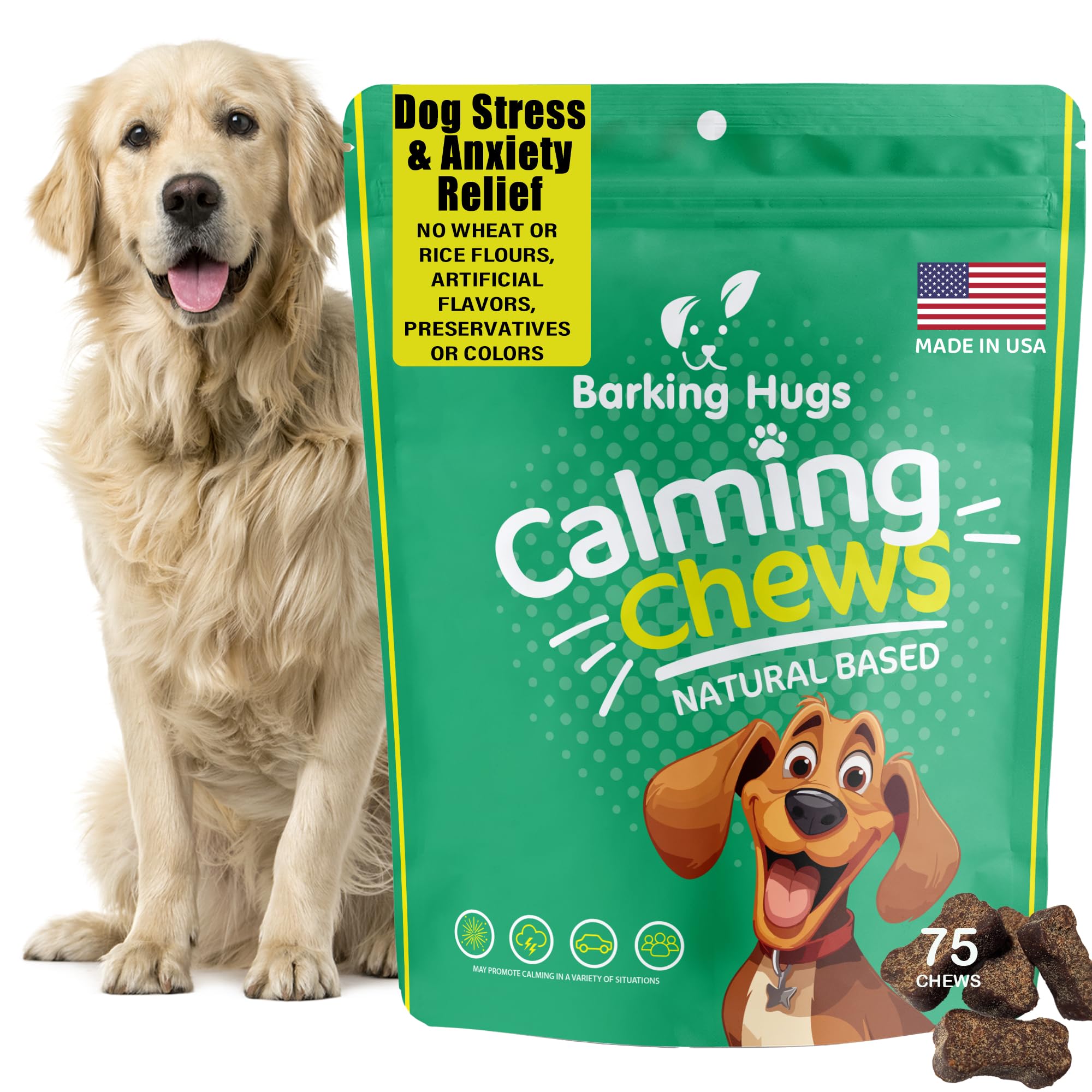 BARKING HUGS Calming Chews for Dogs - Natural Dog Stress and Anxiety Relief - Dog Relaxing Treats for Anxiety - Helps with Separation Anxiety, Fireworks, Lightning, These Contain no Hemp.