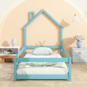 luxo abode twin size montessori floor bed with guardrails fences, pine wood bed frame w/chimney house-shaped headboard, easy assembly, for toddlers, children's room, playroom, light blue