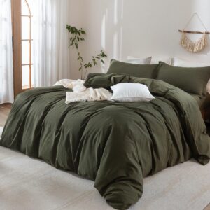 Warm Moment Olive Green Duvet Cover Queen Size, 100% Washed Cotton Bedding Set Cover 1 Duvet Cover 90inch x 90inch with Zipper Closure and 2 Pillowcases, Olive Green