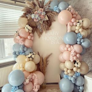 Gender Reveal Balloon Arch Garland Kit, 140Pcs Dusty Pink Misty Blue White Sand Nude Balloons for Boho Neutral Baby Shower Boy or Girl Gender Reveal Birthday Bear Theme Party Decorations