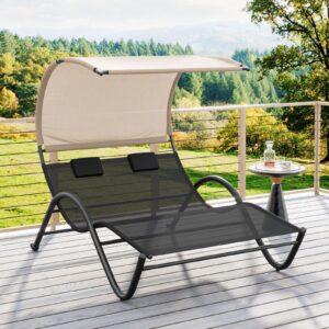 Tangkula 2 Person Lounge Chair with Canopy, Outdoor Chaise Lounge with 2 Detachable Pillows, UPF50+ Extra Large Double Patio Hammock Sunbed Chair with 2 Wheels for Backyard, Poolside