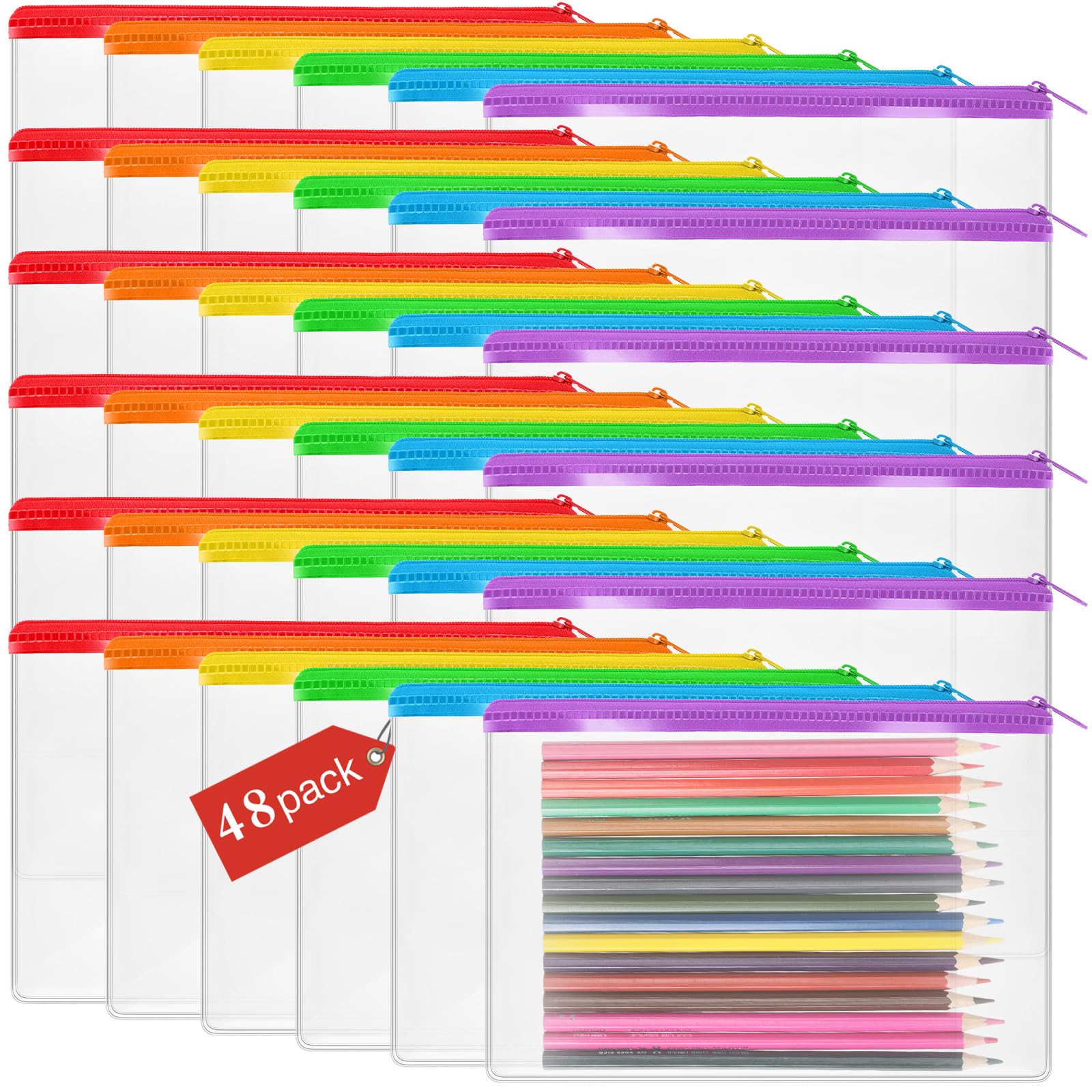 Feifeiya 48 Pcs Clear PVC Pencil Pouch Bulk 8.66 x 5.71 Inch Pencil Case Soft Pencil Bag Transparent Zipper Pencil Pouch for Kids Girls Boys School Supplies Travel Storage(Colorful)