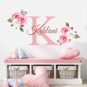 name and initial roses wall decal - kids wall decor - custom name removable nursery wall decal for girl - flower mural wall decal for girls bedroom - flowers name sticker decor