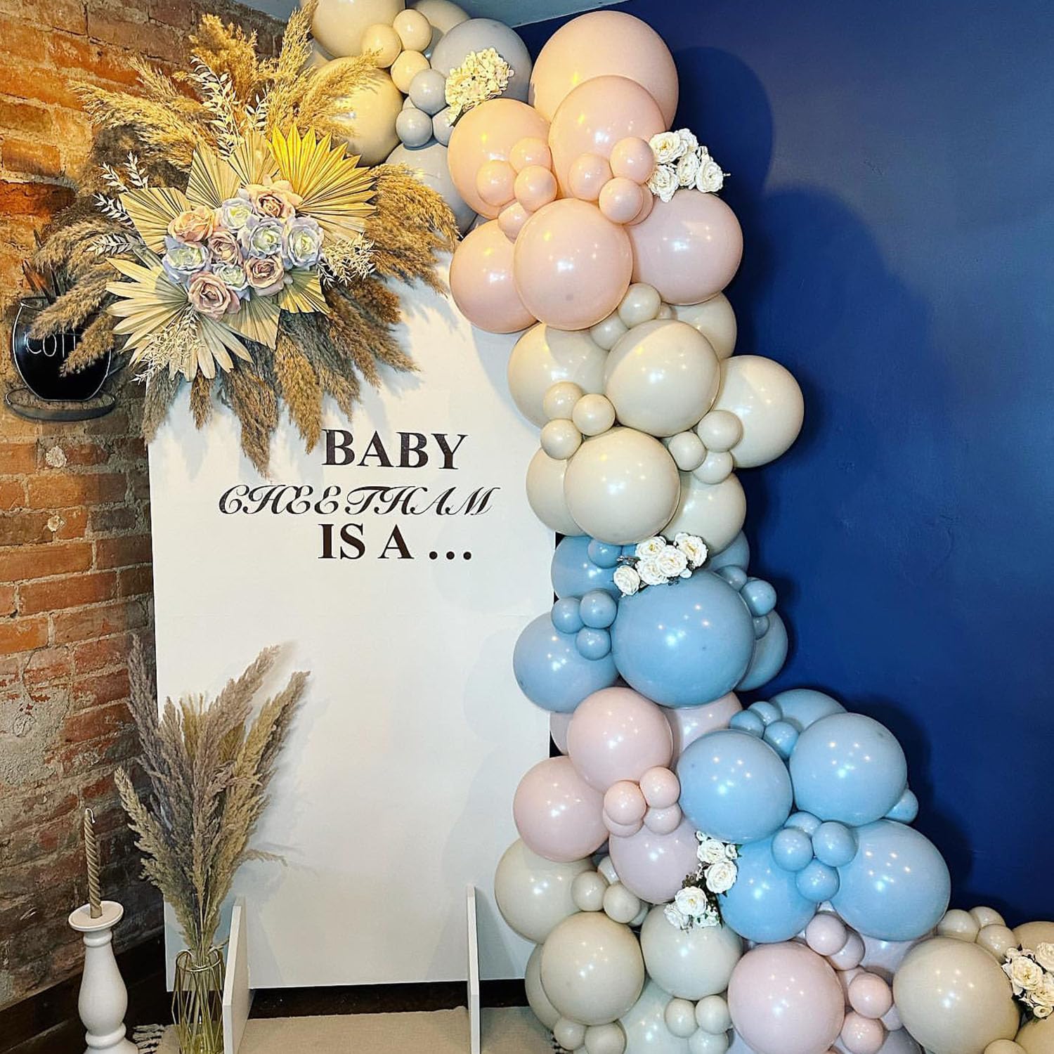 Gender Reveal Balloon Arch Garland Kit, 140Pcs Dusty Pink Misty Blue White Sand Nude Balloons for Boho Neutral Baby Shower Boy or Girl Gender Reveal Birthday Bear Theme Party Decorations