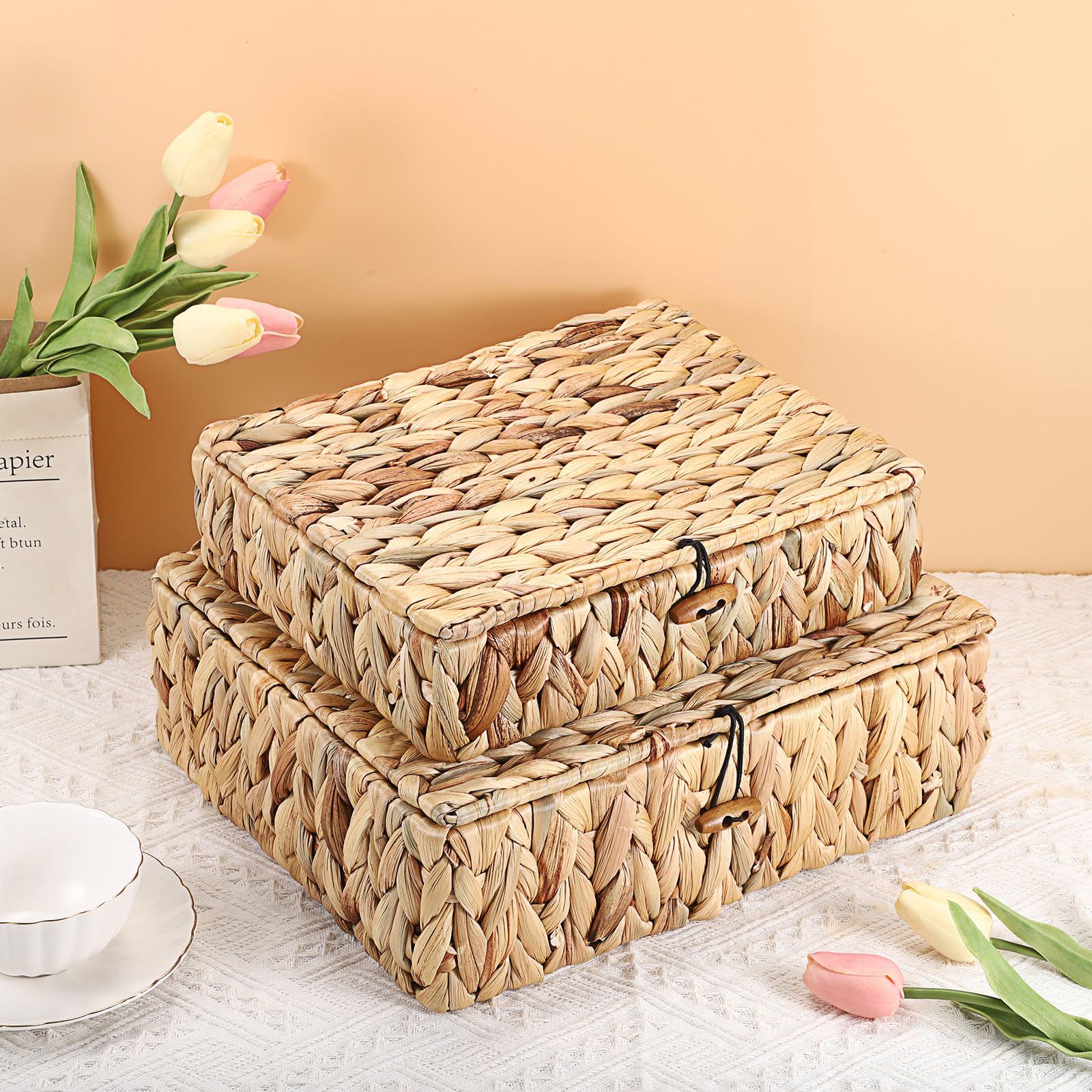 Hipiwe Wicker Storage Basket Bins with Lid Natural Water Hyacinth Basket Bin Boxes Rectangular Decorative Shelf Baskets Box Stackable Flat Woven Storage Box for Home Organizing, 2-Packs