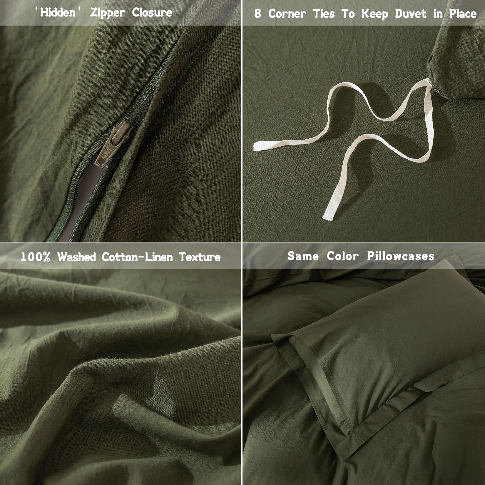 Warm Moment Olive Green Duvet Cover Queen Size, 100% Washed Cotton Bedding Set Cover 1 Duvet Cover 90inch x 90inch with Zipper Closure and 2 Pillowcases, Olive Green