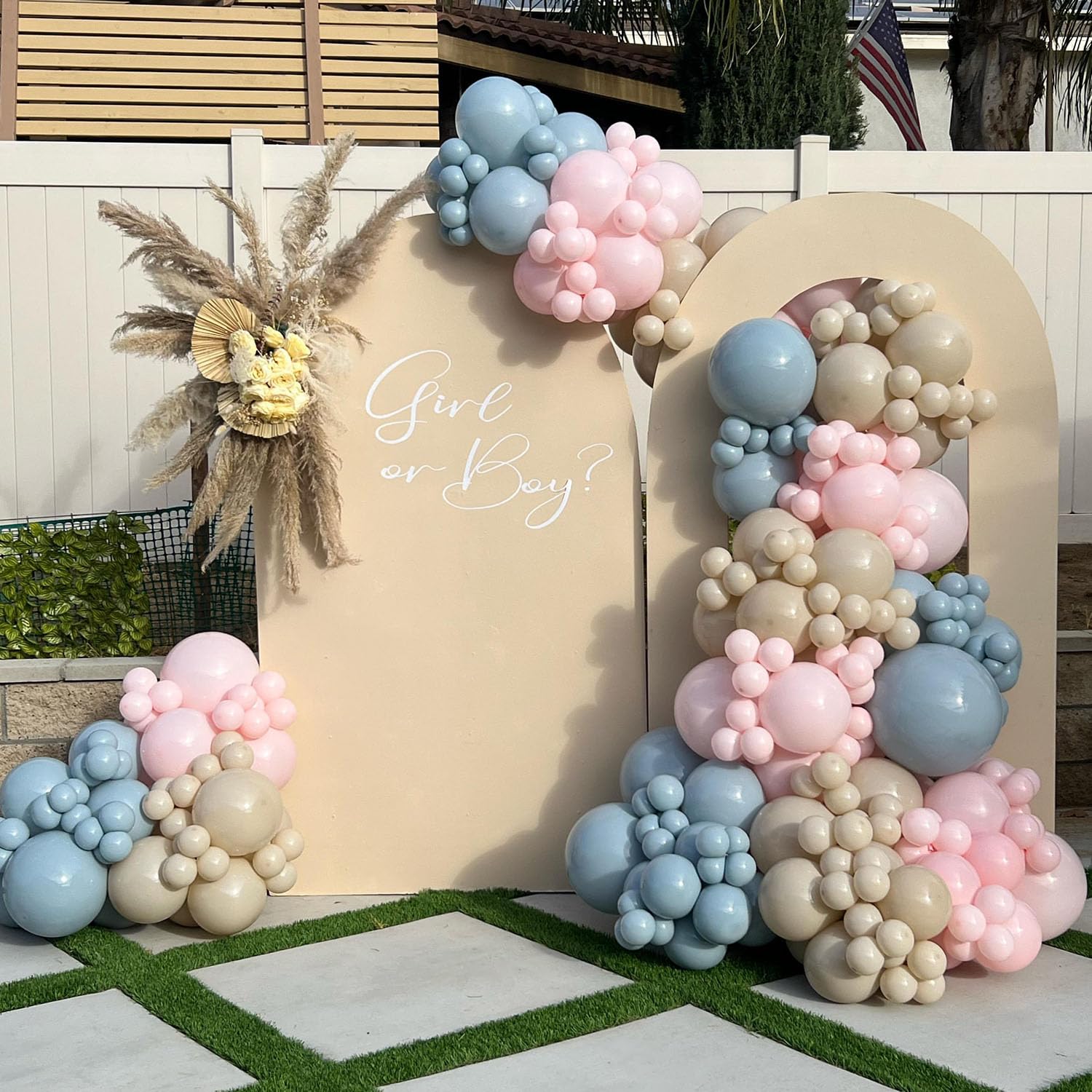 Gender Reveal Balloon Arch Garland Kit, 140Pcs Dusty Pink Misty Blue White Sand Nude Balloons for Boho Neutral Baby Shower Boy or Girl Gender Reveal Birthday Bear Theme Party Decorations