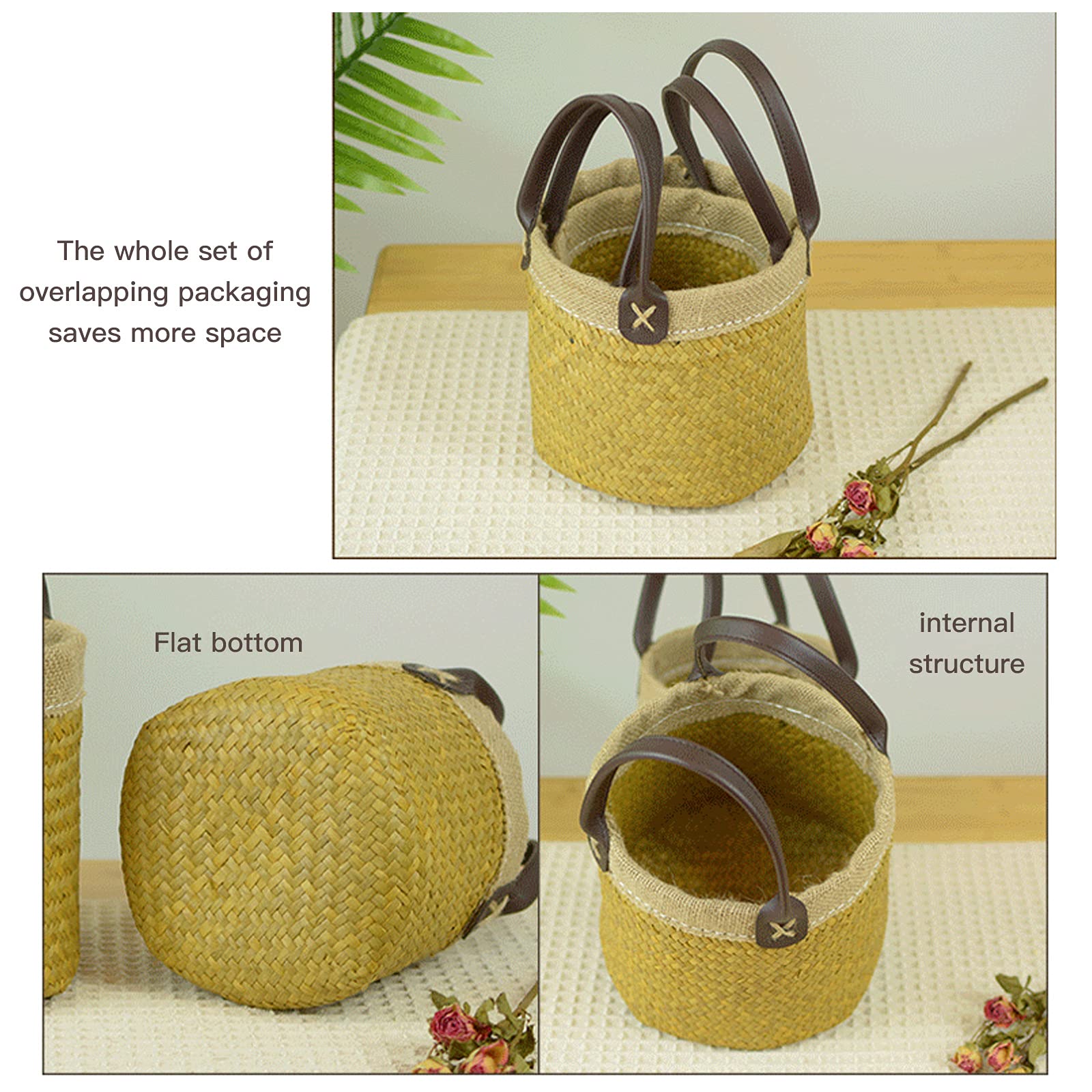 Keebgyy Woven Baskets, Belly Basket with Handles, Multi Purpose Seaweed Belly Basket with Handle, Decorative Basket for Living Room and Bedroom and for Storage of Blankets, Home Decor(#3)