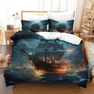 ergtt pirate ship for boys girls duvet cover 3d print ship quilt cover comforter covers bedding set with pillow cases with zipper closure soft microfiber 3 pieces full（203x228cm）, style-8