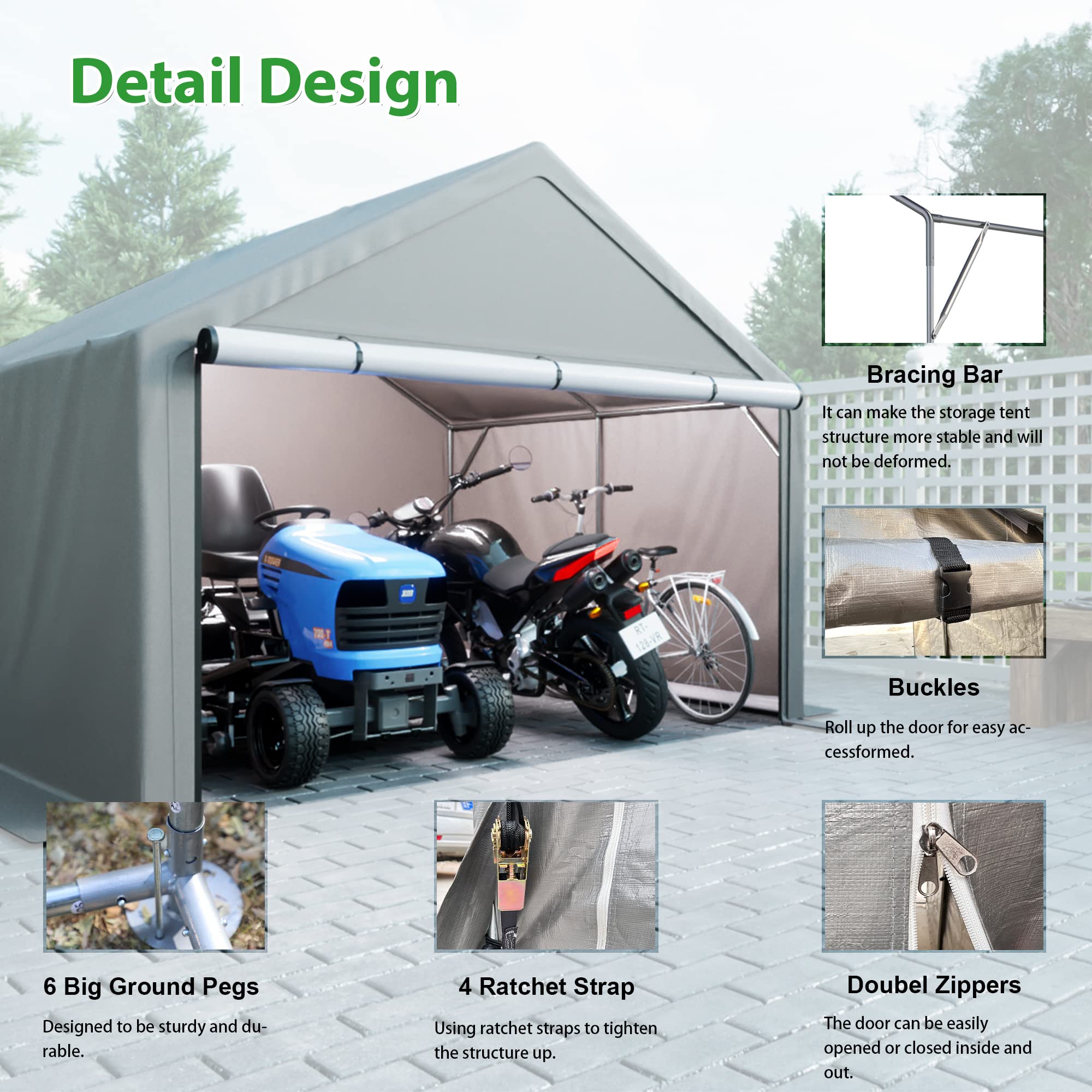 EDWINENE Carport, 10x10 FT Portable Outdoor Storage Garage, Heavy Duty Storage Garage Shed with Roll-up Doors Shelter for Garden Tool, Lawn Mower, Motorcycleand, Bike (10x10FT Gray)