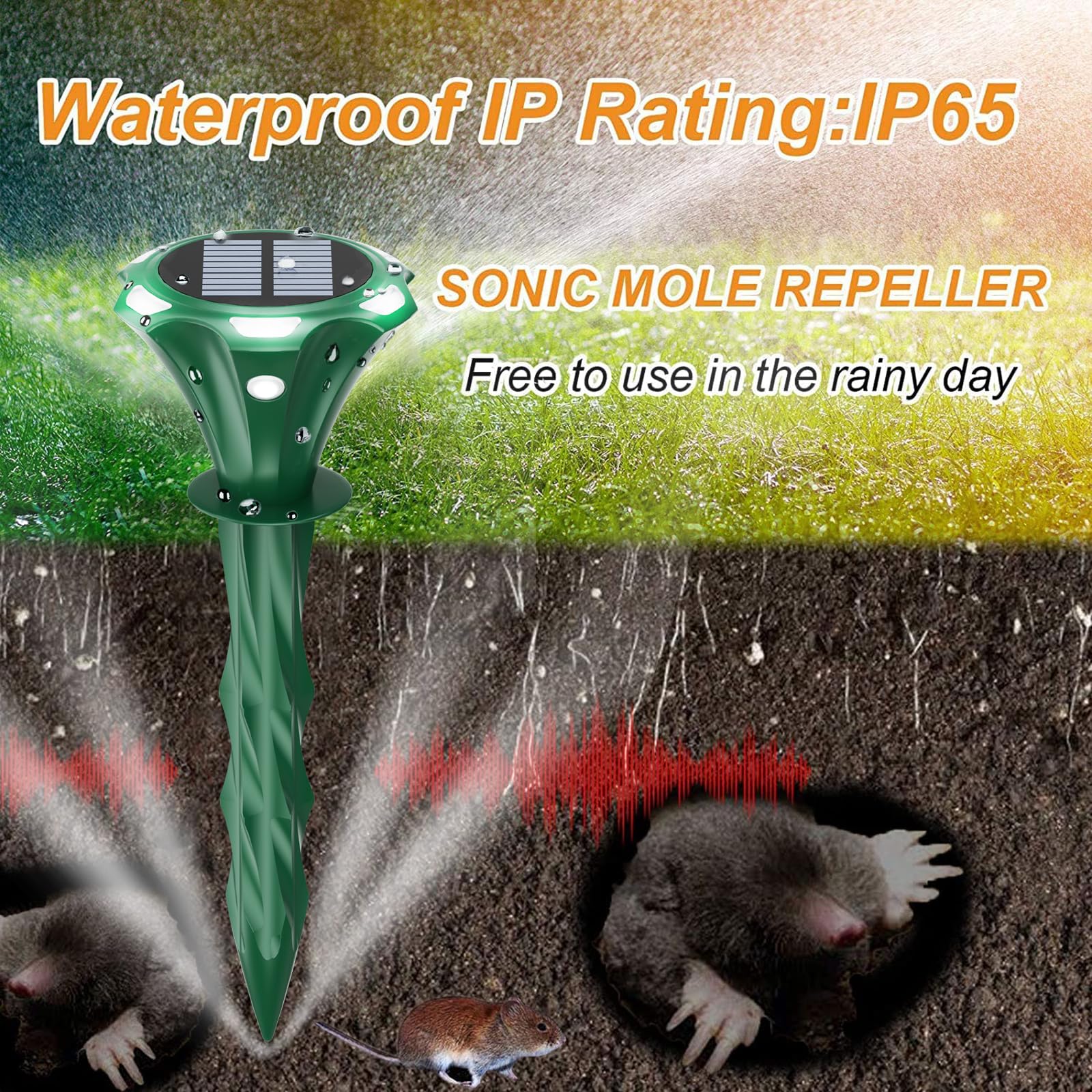 Pack of 2 Solar Mole Repellent Sonic Gopher Repellent Vole Chaser Mole Deterrent Sonic Spikes Rodent Repellent Ultrasonic Pest Control Outdoor Keep Moles Out of Yard Lawn