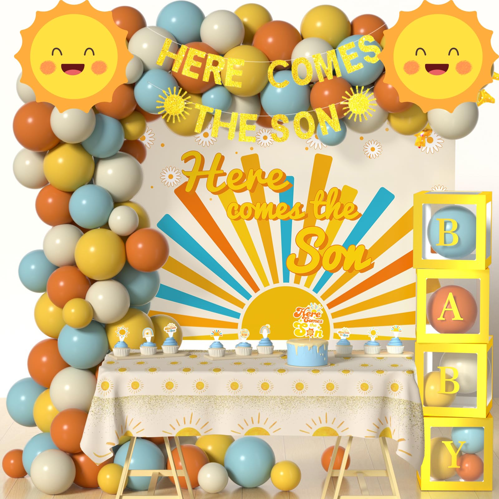 Here Comes the Son Baby Shower Decorations for Boy 1st Birthday Party Supplies Boho Retro Sunshine Balloon Garland Arch Kit Party Table Decor Photograph Backdrop Glitter Banner Cupcake Toppers