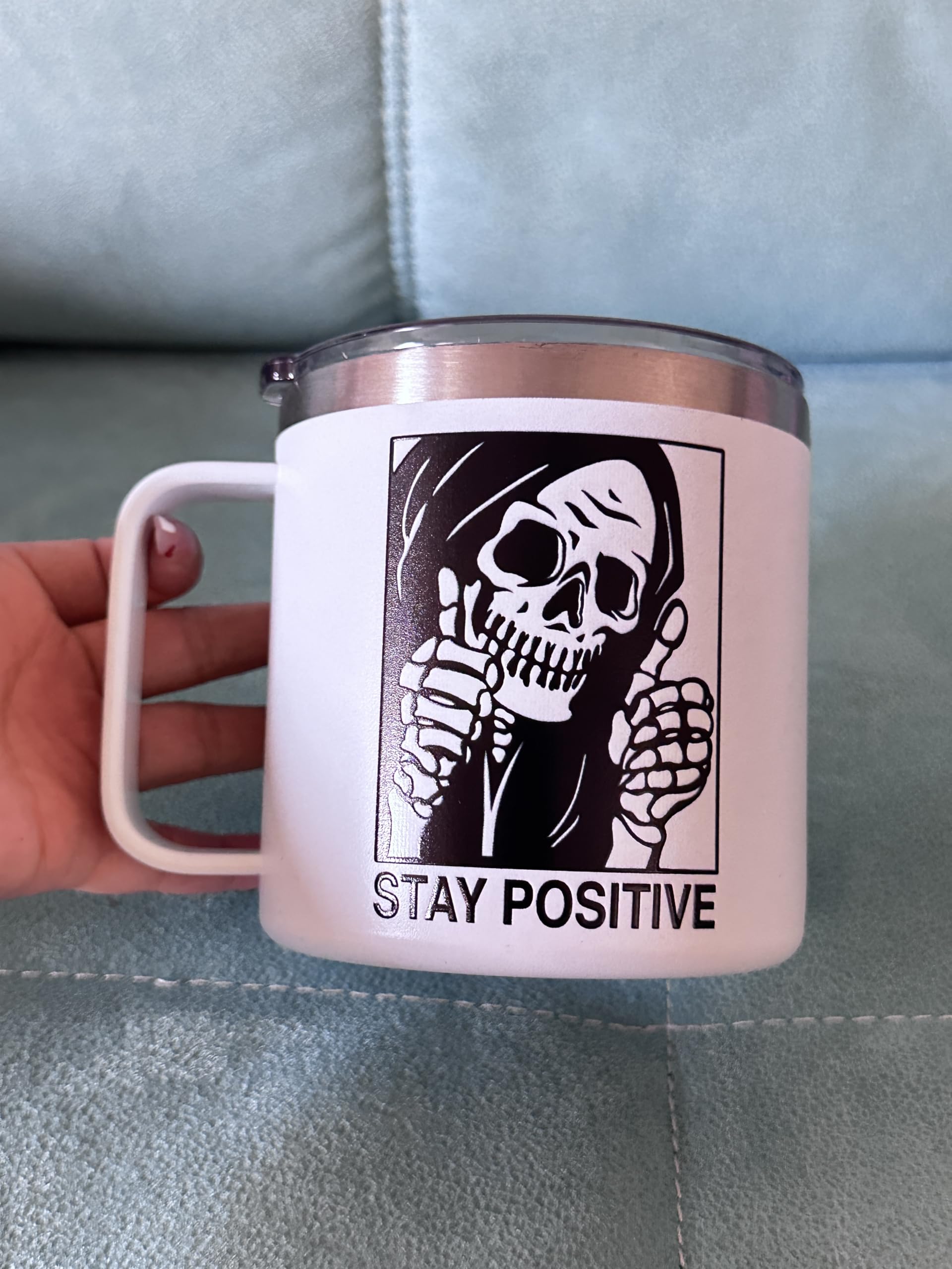 EXIGENT Funny Stay Positive Skull Coffee Tea Cup Mug Collectible 14Oz Ounces Birthday Gifts Decorations (SKULL)