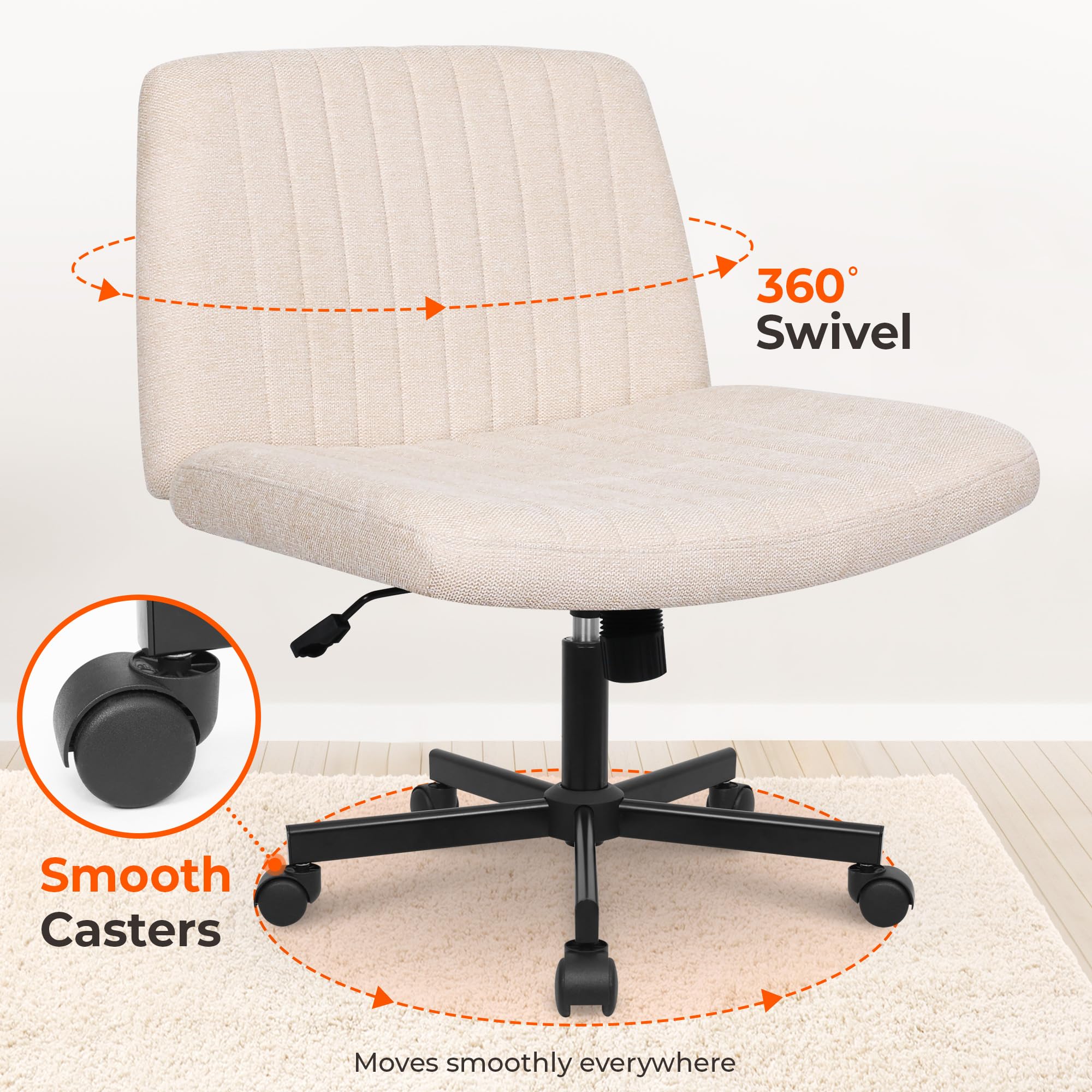 NEO CHAIR Criss Cross Chair, Armless Legged Office Desk Chair, with Wheels Swivel Modern Ergonomic Vanity Fabric Adjustable Wide Comfy Computer Task Chairs for Home Office (Beige)